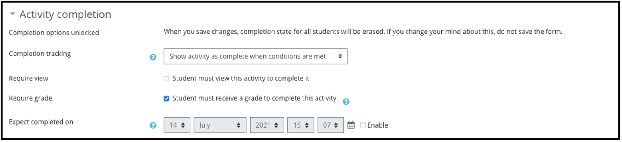 Course Activity Completion Settings on LMS